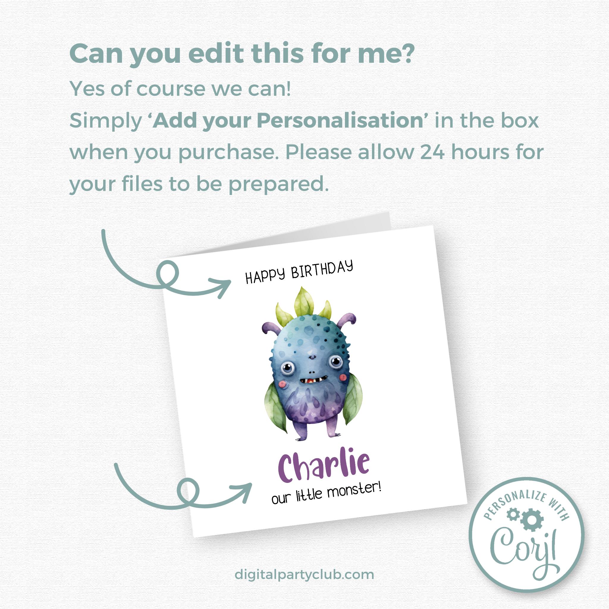 Editable Monster Birthday Card, Cute Boys Printable Card With Free ...