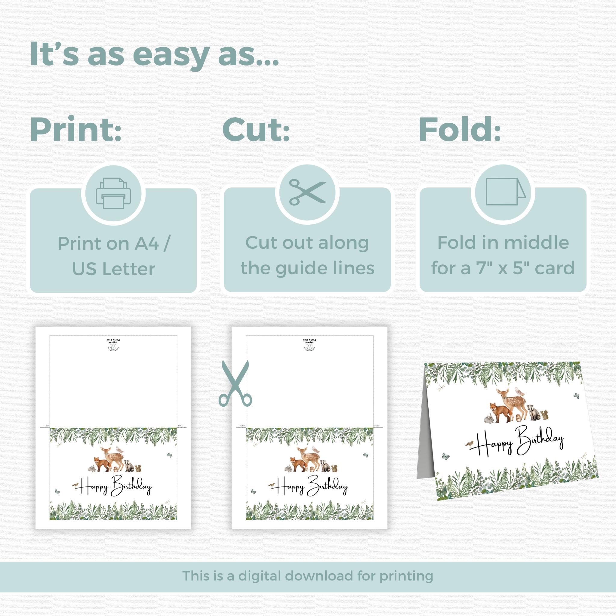Printable Birthday Card With Woodland Animals, Woodland Scene Instant ...