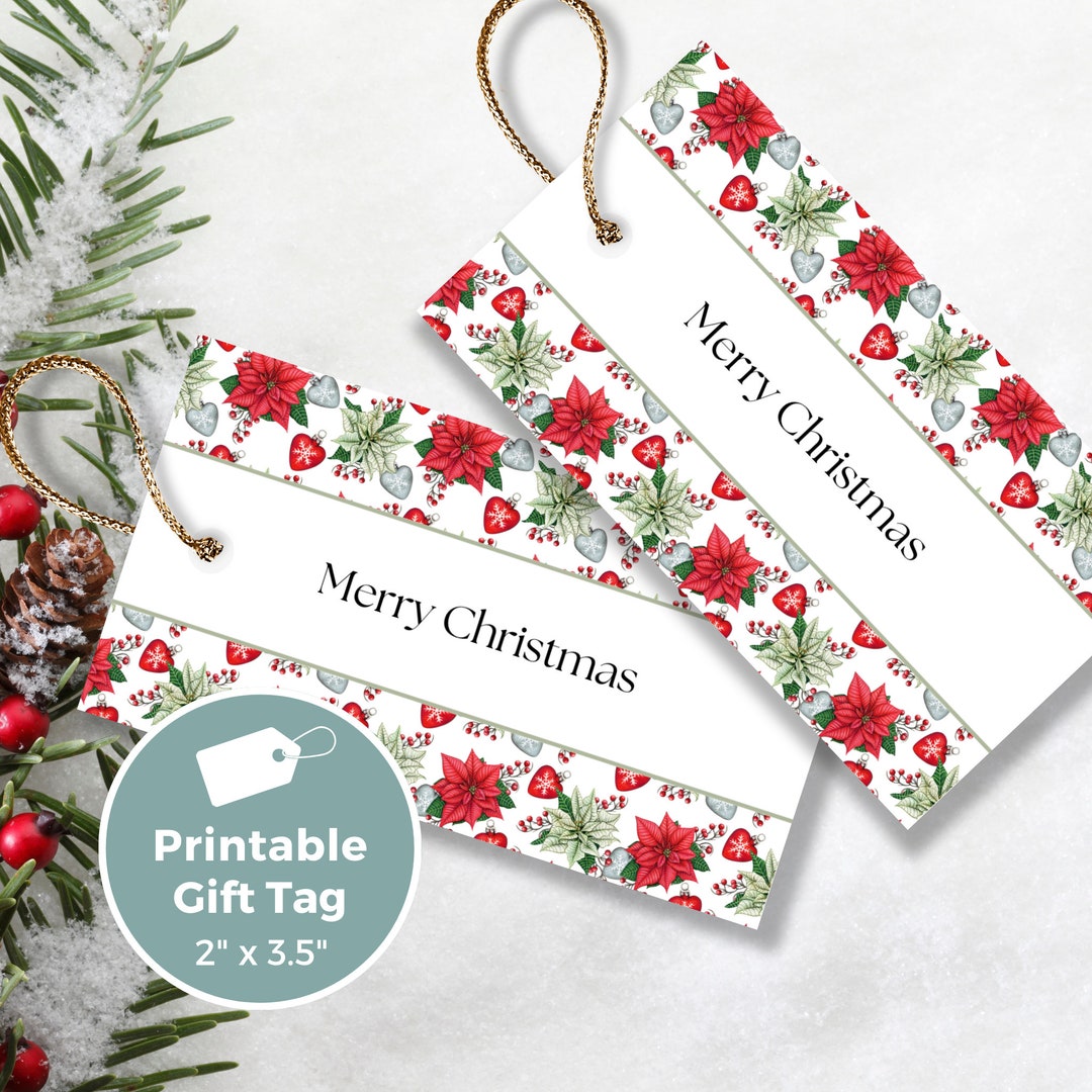 Printable Christmas Gift Tag Festive Red Poinsettia Flowers, Christmas ...