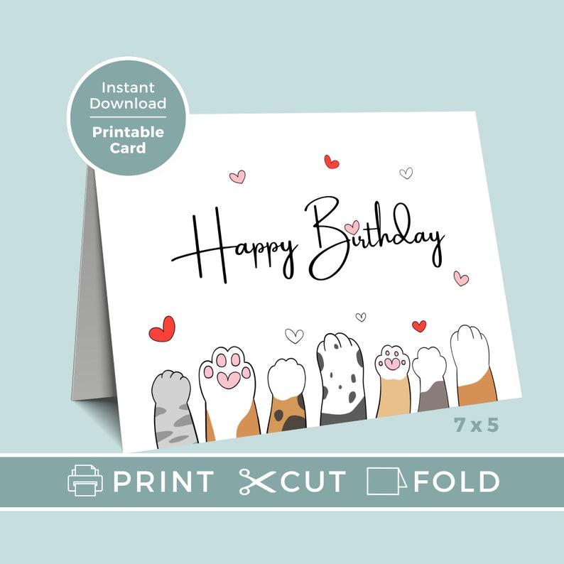 Cat Printable Birthday Card, Cute Kitty Greeting Card, Cat Birthday ...