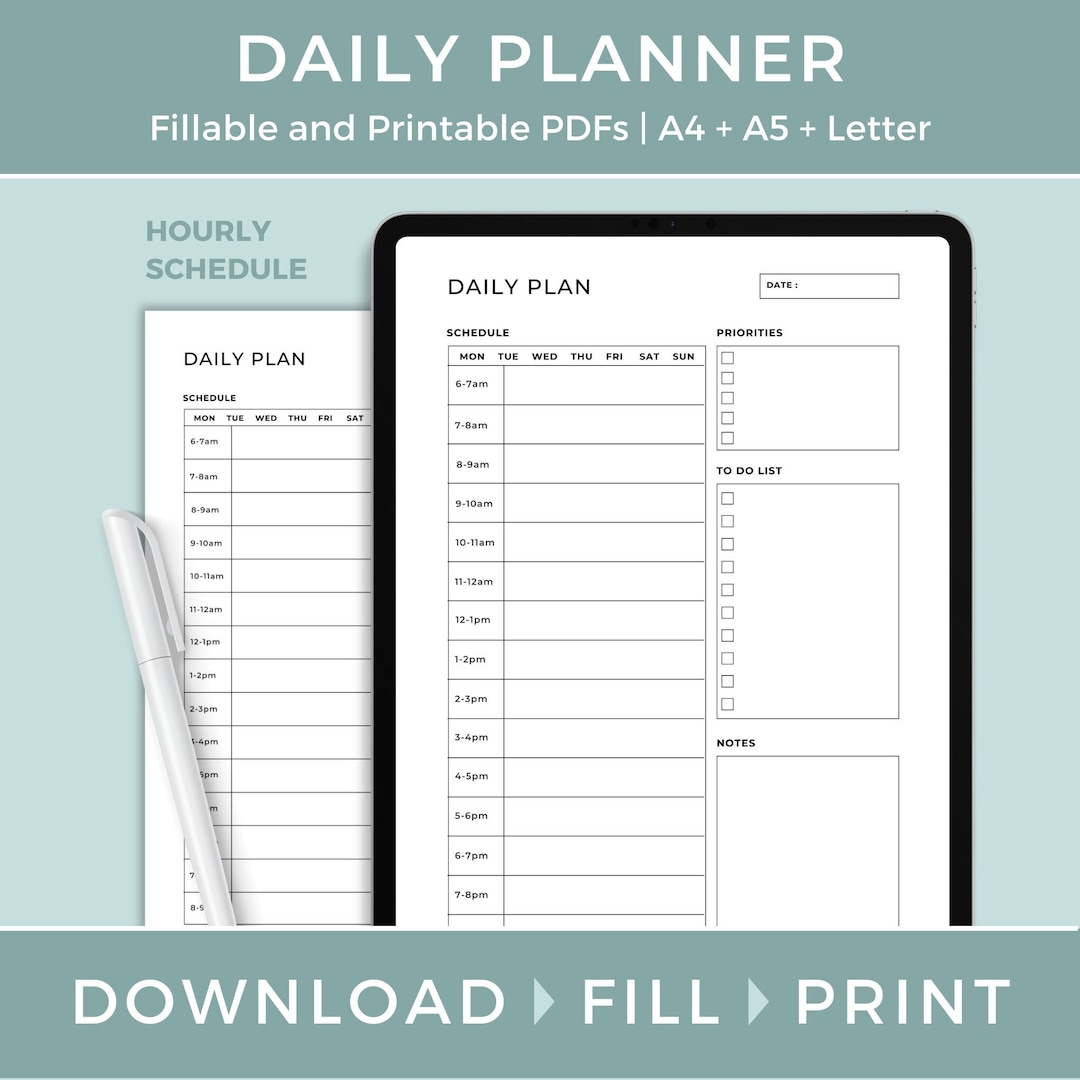 Daily Planner Printable, to Do List, Daily Schedule, Daily Plan Hour by ...