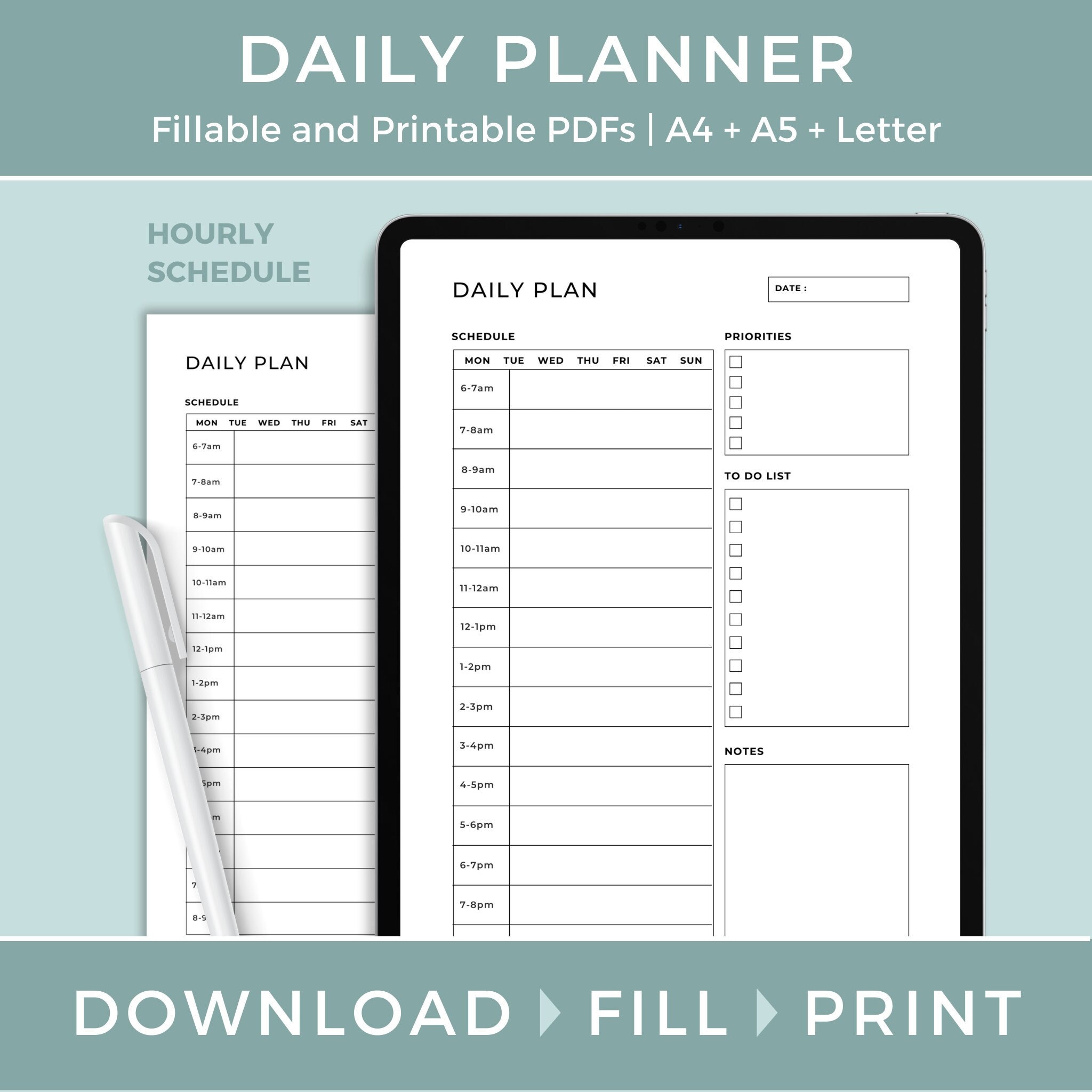 Daily Planner Printable, to Do List, Daily Schedule, Daily Plan Hour by ...