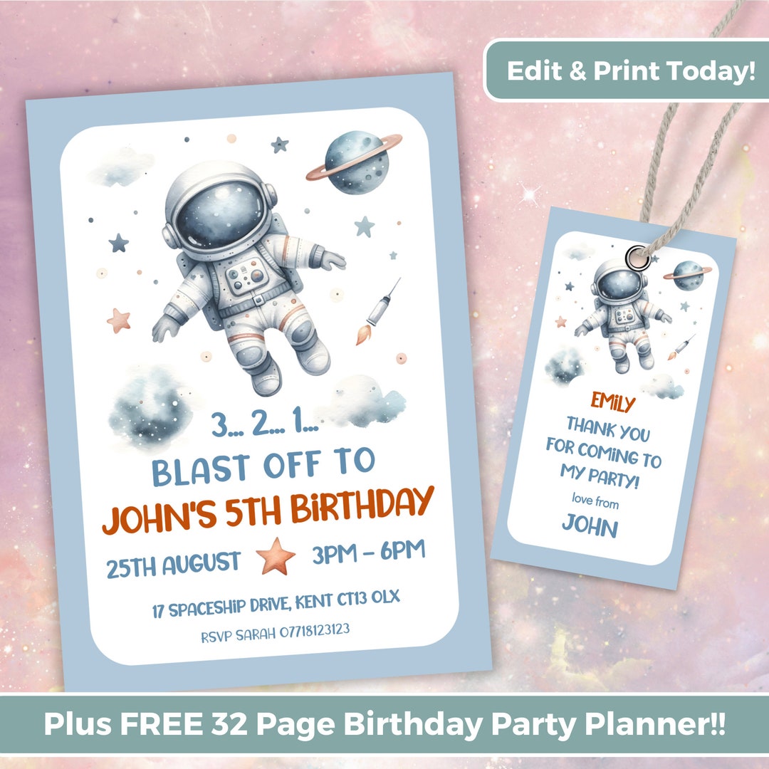 Editable Boys Spaceman Birthday Invitation With Free Thank You Tag ...