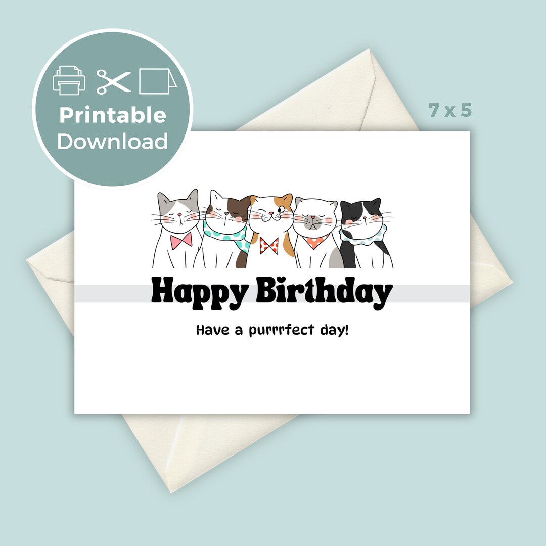 Printable Cat Birthday Card, Purrfect Birthday Greeting Card Cat Lover ...