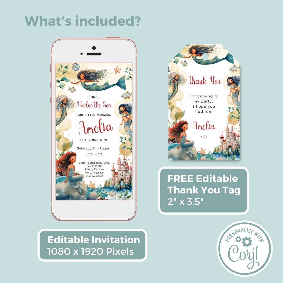 Editable Mermaid Under the Sea Phone Invitation Template, Editable ...
