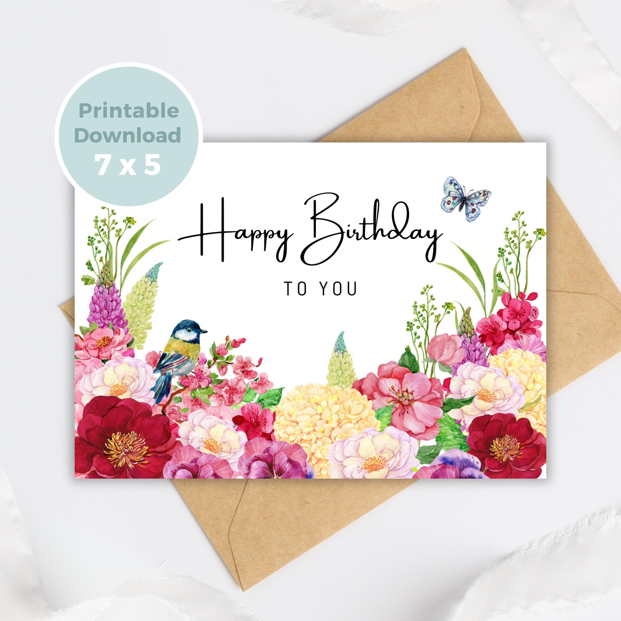 Printable Birthday Card With Flowers, Happy Birthday Card Printable, Floral, Digital Download ...