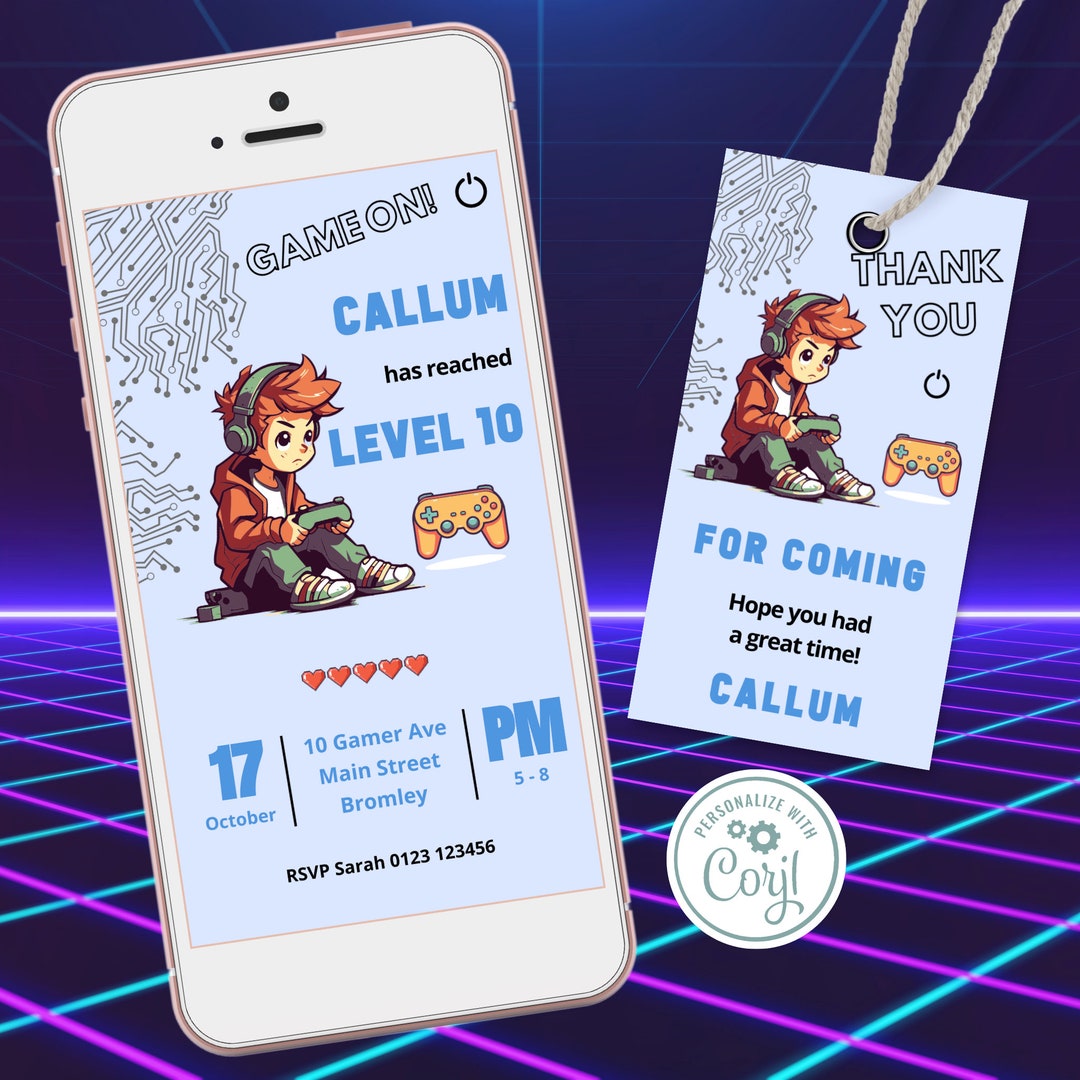 Editable Game-themed Birthday Evite Template and Matching Thank You Tag ...