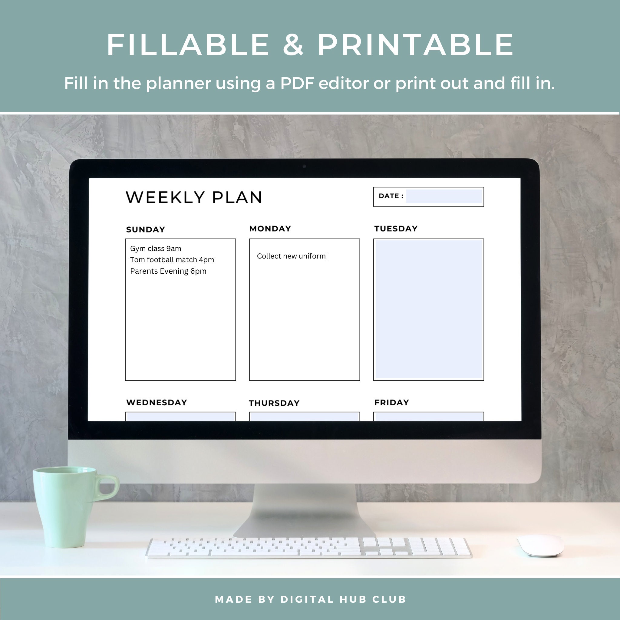 Weekly Planner Printable and Fillable, Digital Weekly Organiser, Weekly ...