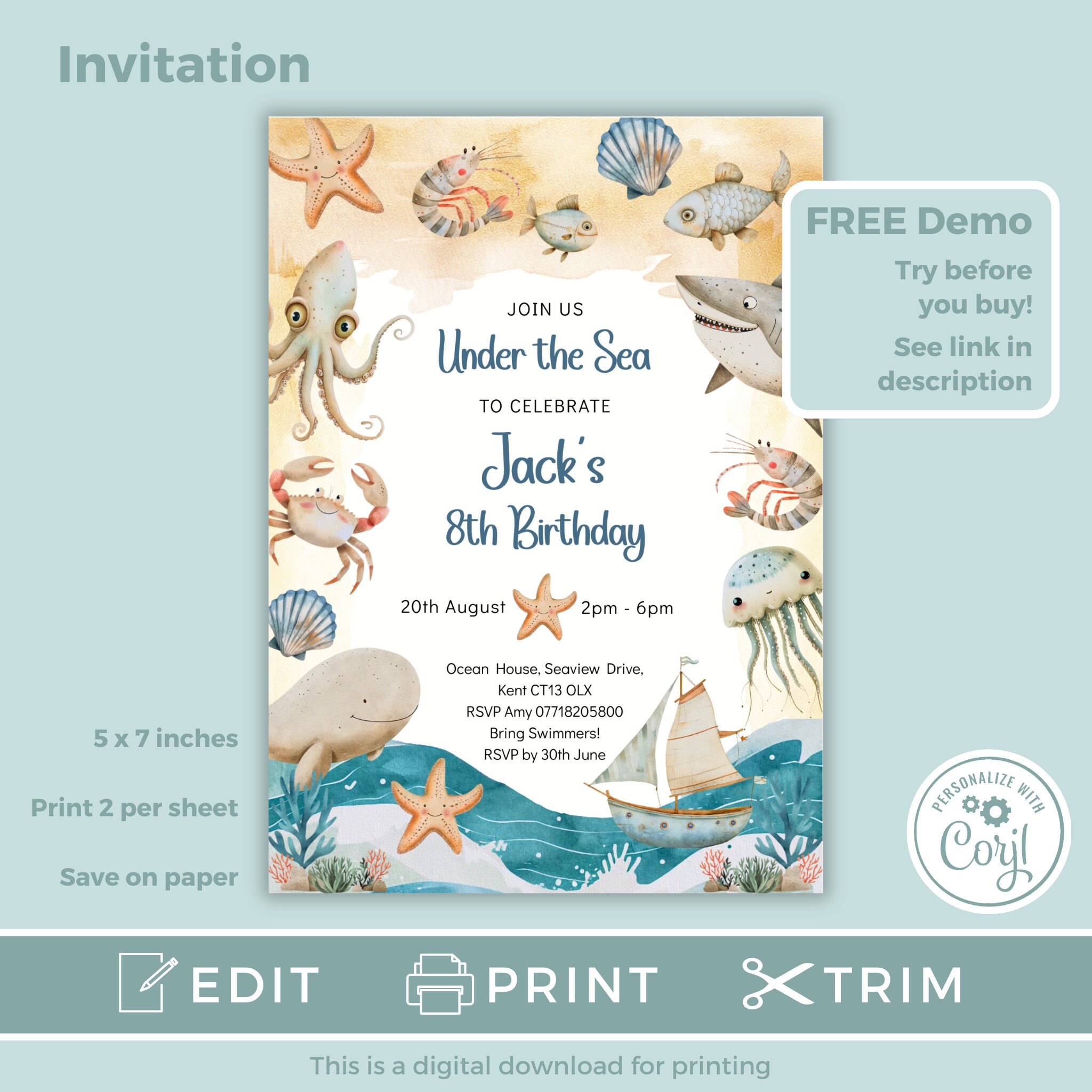 Editable Under the Sea Birthday Invitation, Ocean Party Invitation ...
