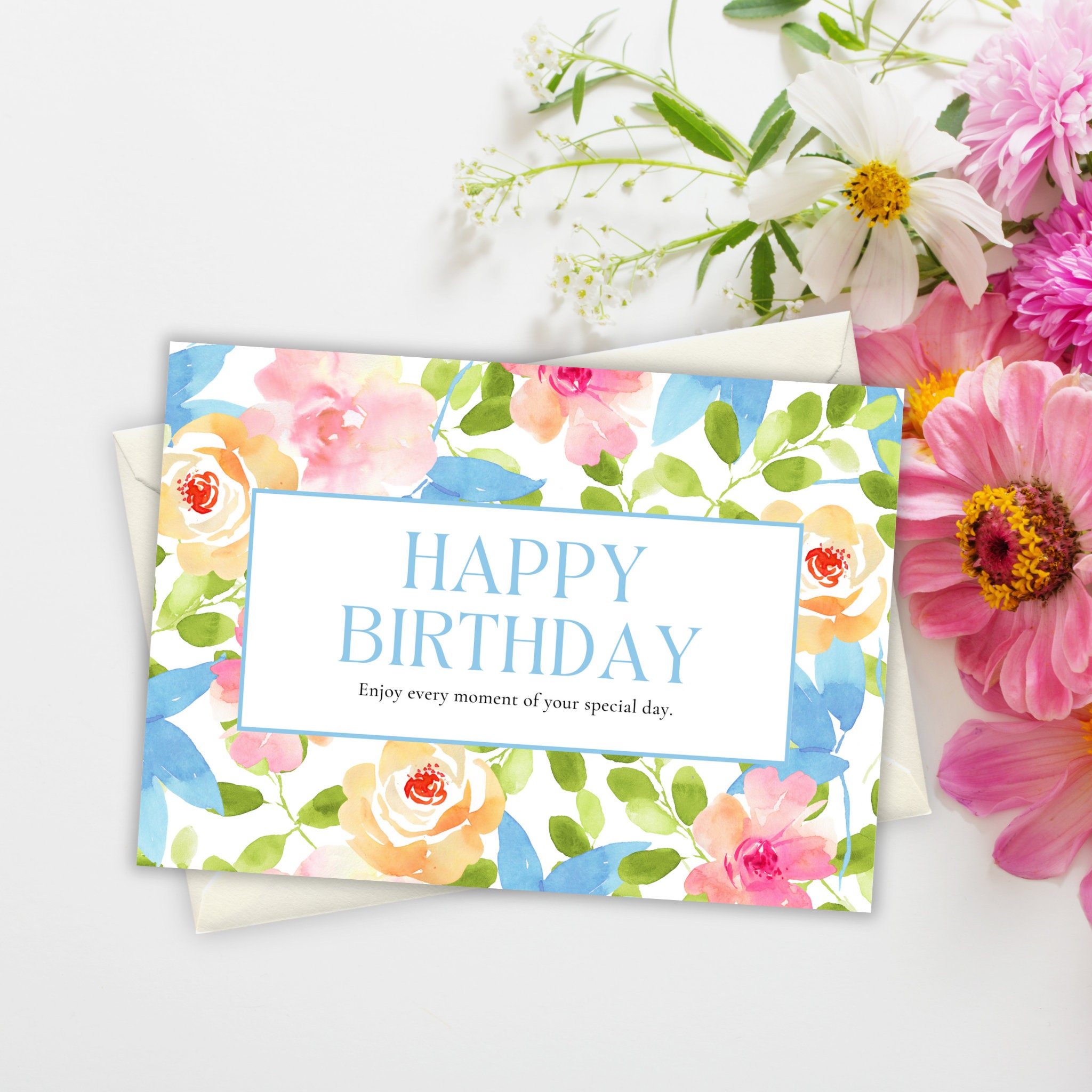 Printable Birthday Card With Flowers, Floral Birthday Card, Printable ...