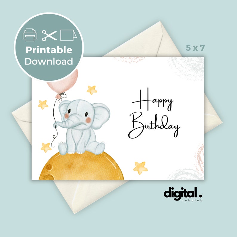 Printable Birthday Card Happy Birthday Card Baby Elephant - Etsy