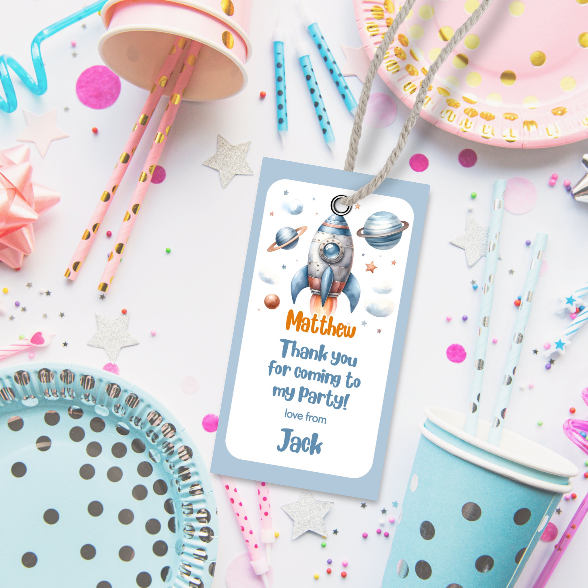 Editable Boys Rocket Ship Birthday Thank You Tag | Space Theme Party ...