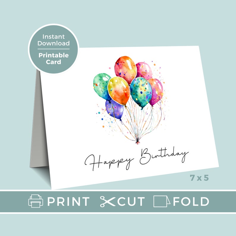 Printable Birthday Card Watercolor Balloons, DIY Greetings Card Print ...