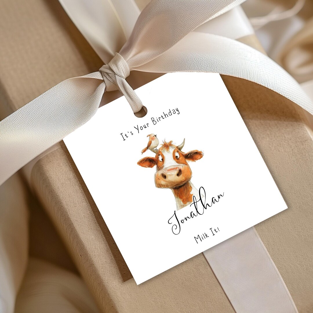 Editable Cow Birthday Gift Tag, Cute Farm Animal Party Favour ...