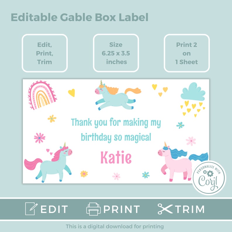 Unicorn Gable Box Label Template, Unicorn Pink Birthday Favor Box Label ...