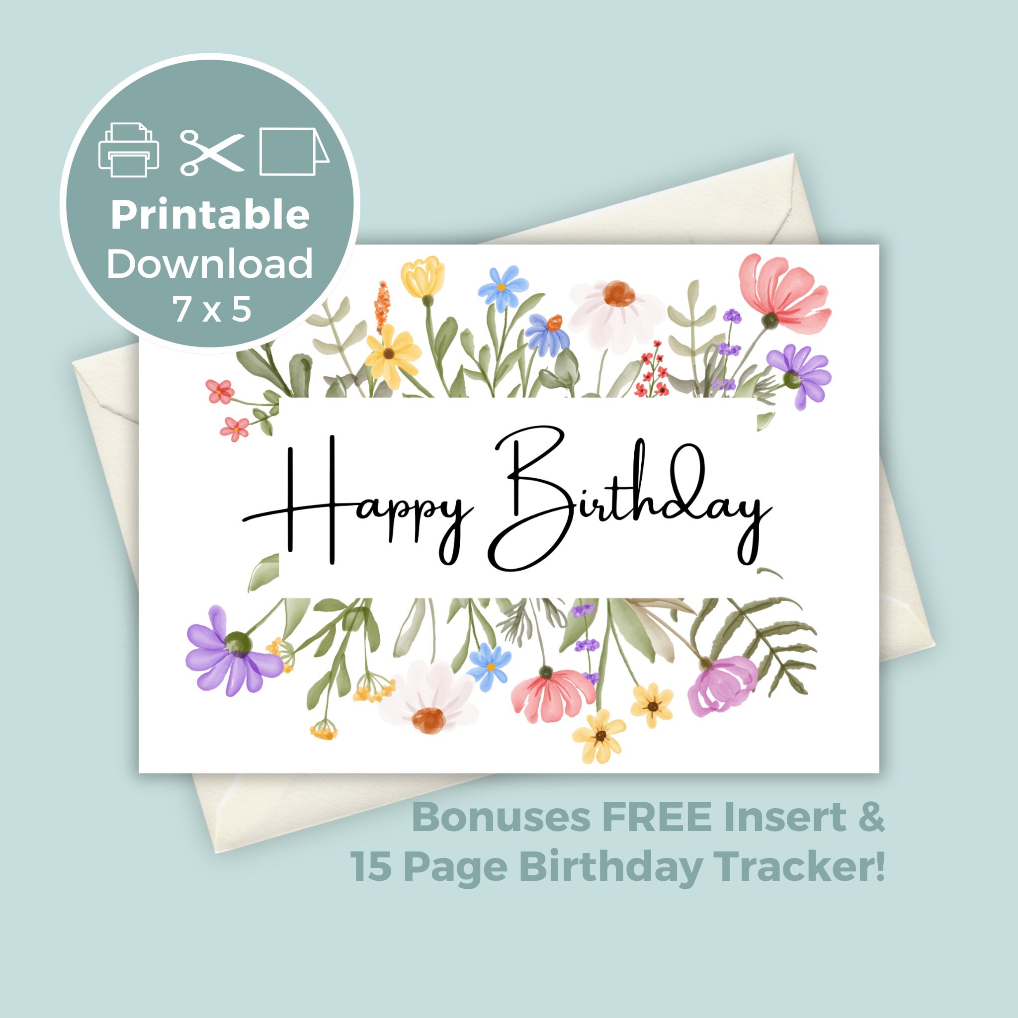 Printable Birthday Card With Flowers, Floral Birthday Card, Printable ...