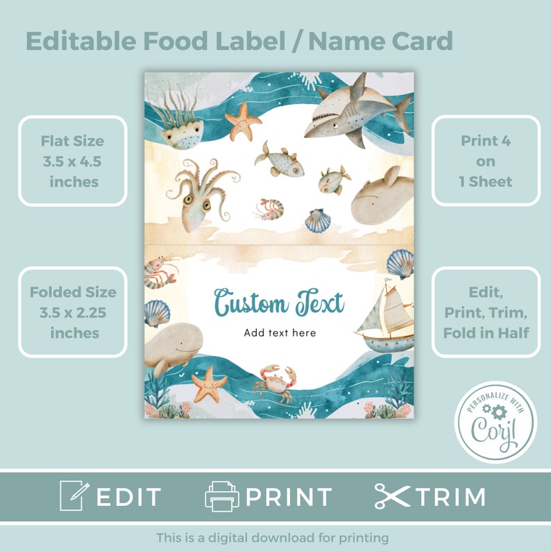 Editable Under the Sea Food Buffet Label Tent Card Food Place Cards ...