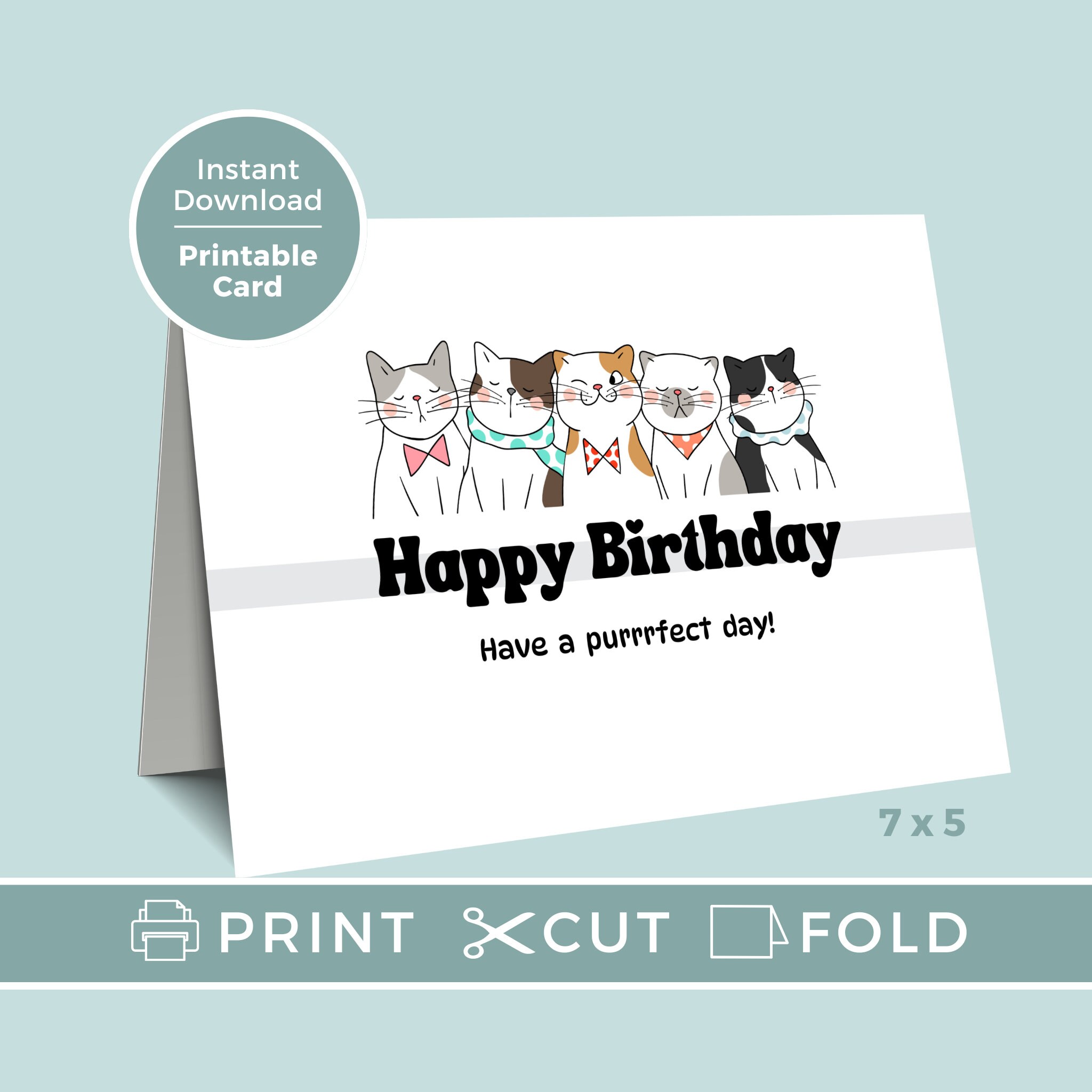 Printable Cat Birthday Card, Purrfect Birthday Greeting Card Cat Lover ...