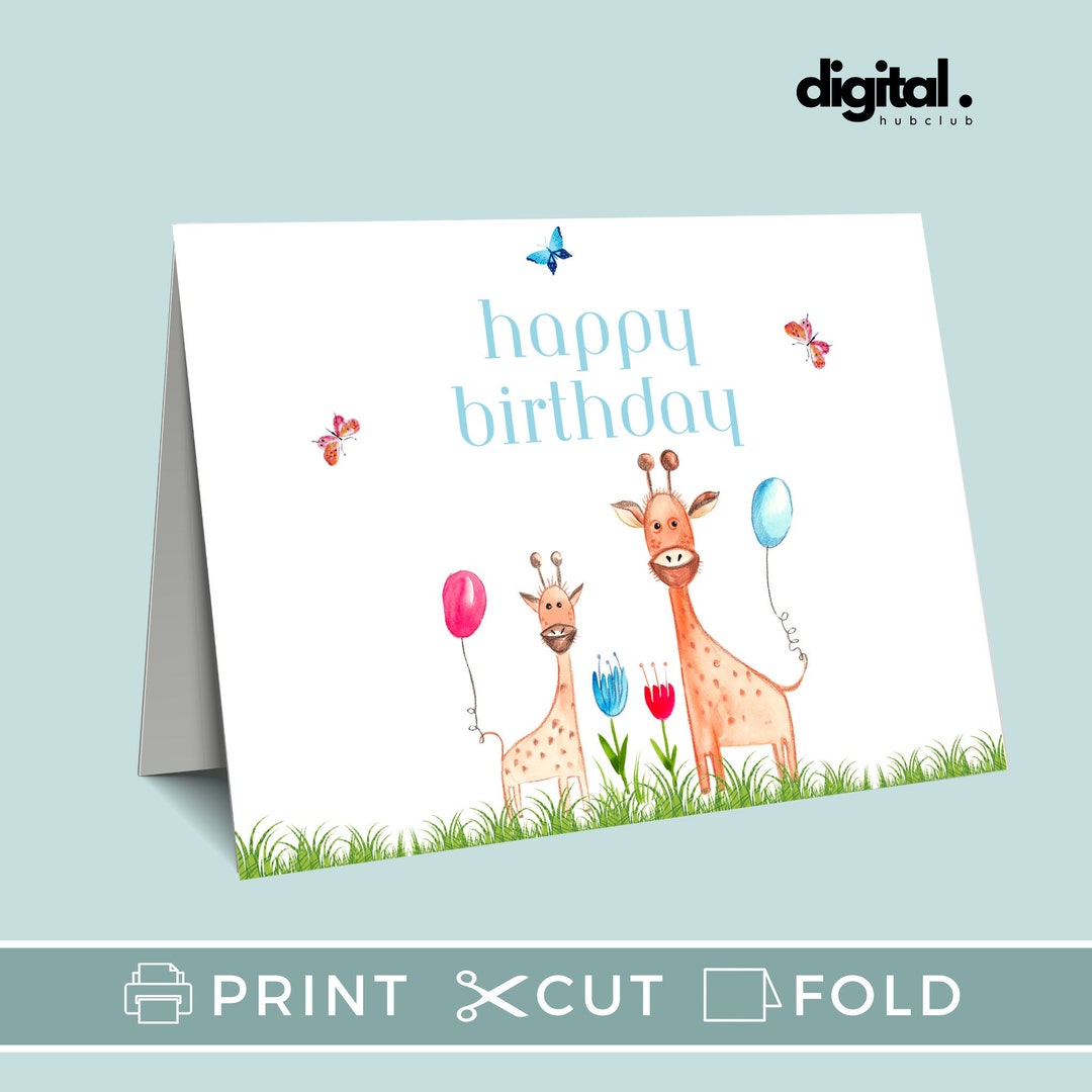 Printable Giraffe Birthday Card Animal-themed Kids' - Etsy