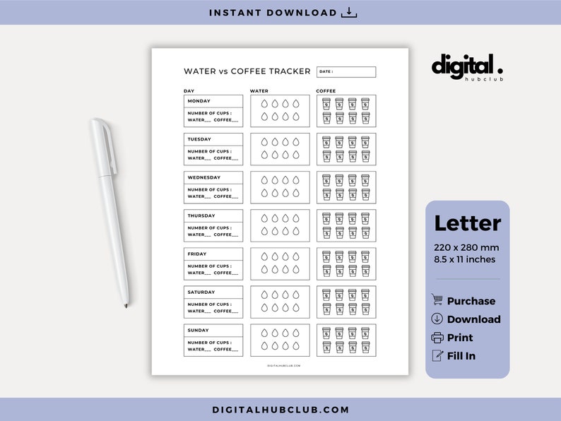 Weekly Water Hydration Tracker Water Vs Coffee Intake - Etsy