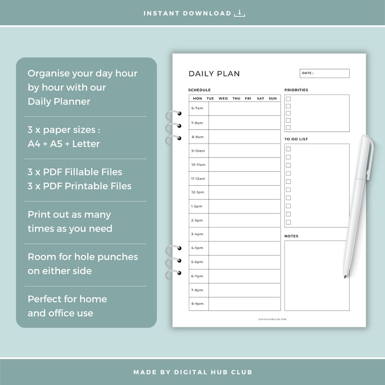 Daily Planner Printable, to Do List, Daily Schedule, Daily Plan Hour by ...
