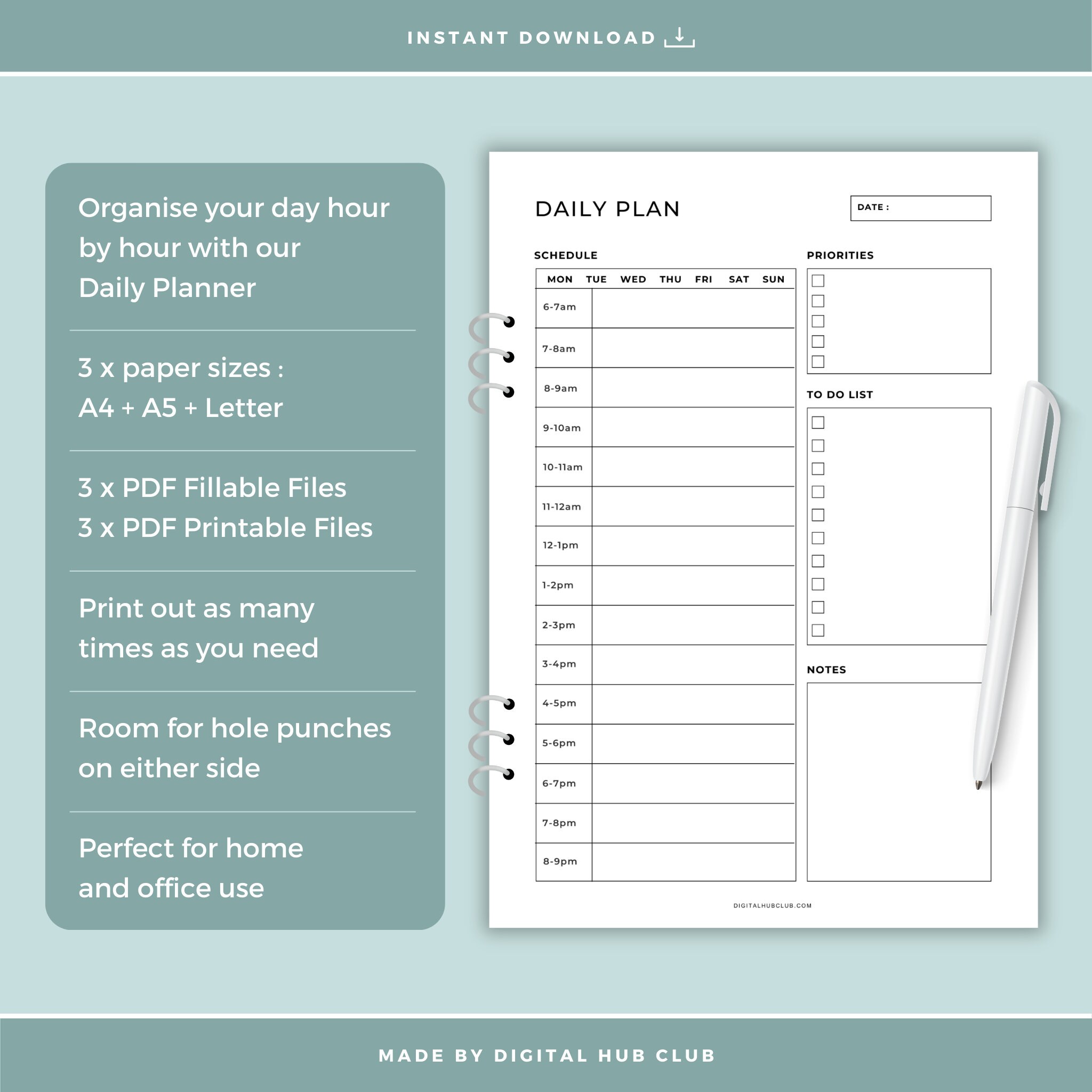 Daily Planner Printable, to Do List, Daily Schedule, Daily Plan Hour by ...