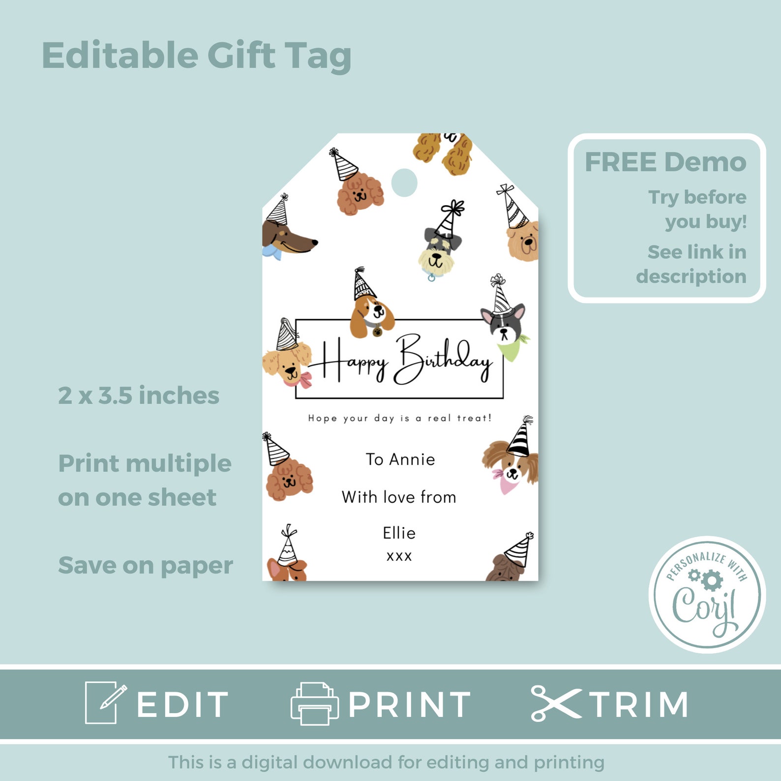 Personalised Happy Birthday Gift Tag With Dogs, Gift Tag Print at Home ...