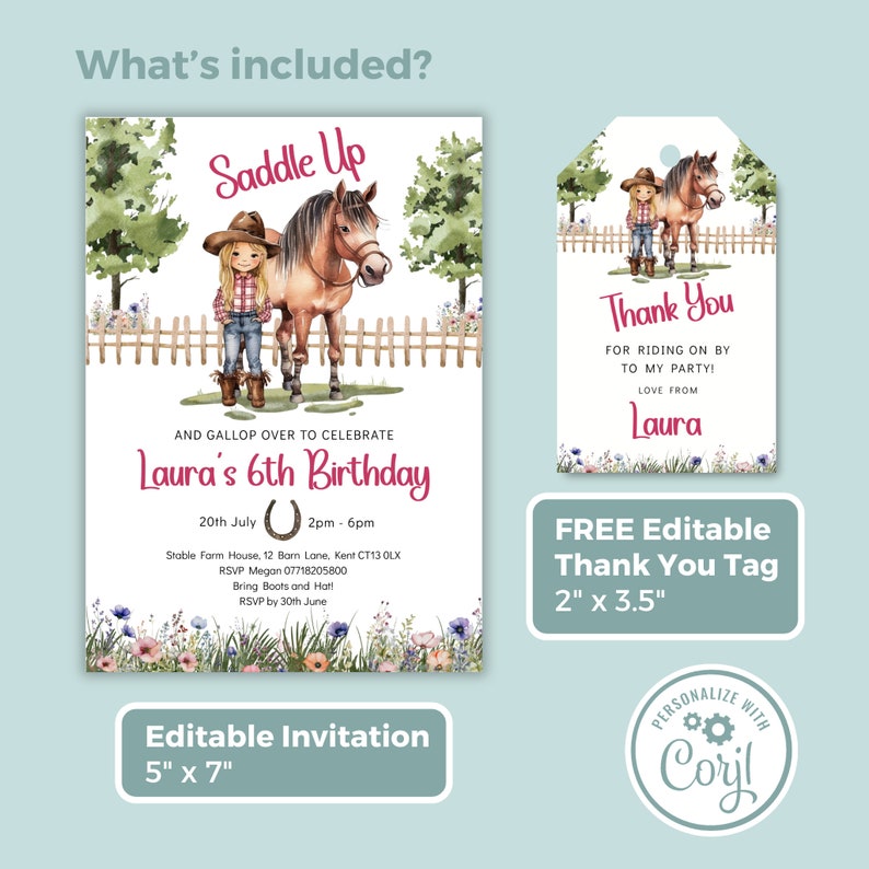 Girl Saddle up Birthday Invitation Template, Cowgirl Invite, Horse ...