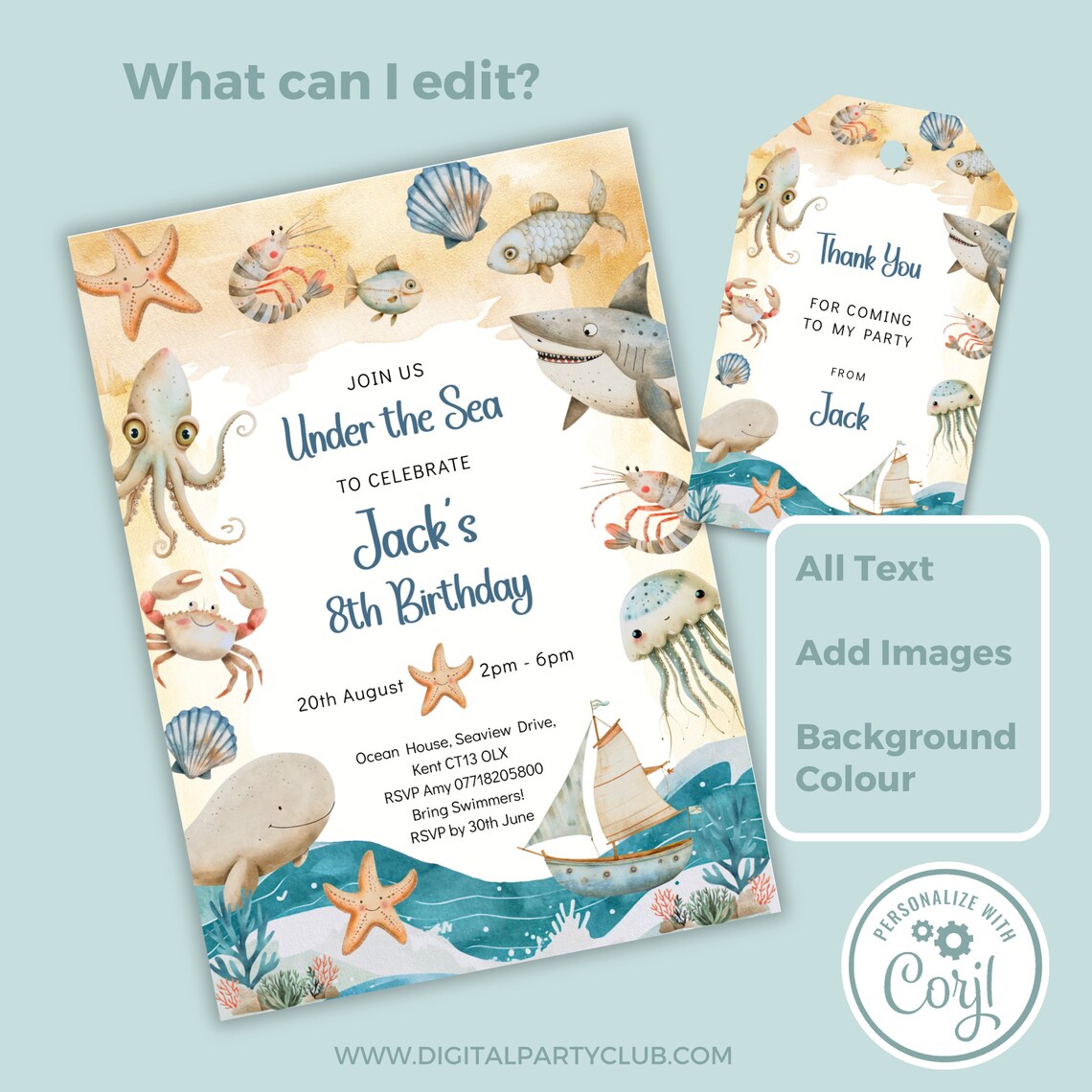 Editable Under the Sea Birthday Invitation, Ocean Party Invitation ...