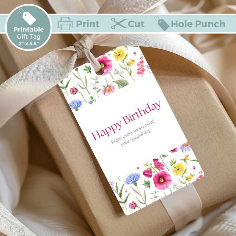 Printable Birthday Gift Tag, Pink Floral Gift Tag, Print at Home ...