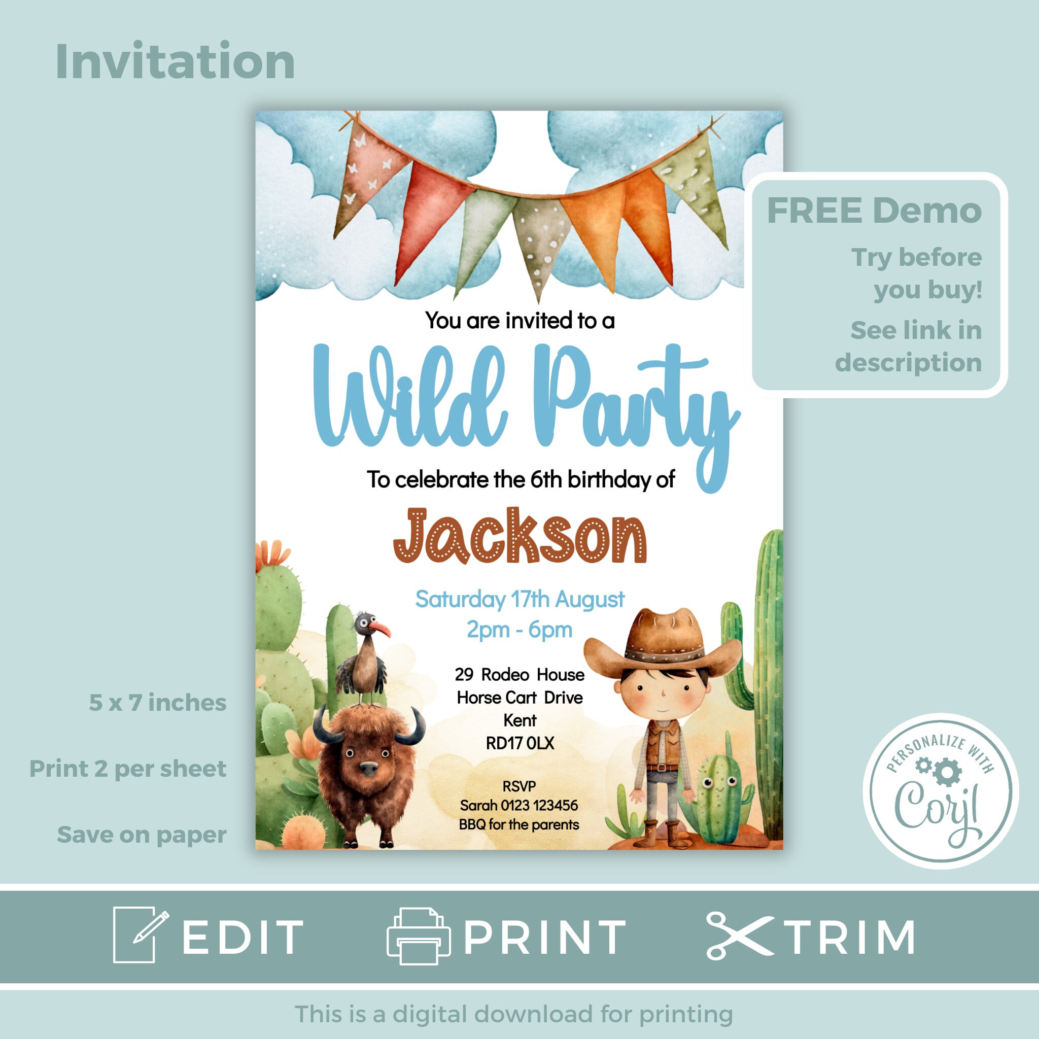 Editable Cowboy Birthday Invitation, Boy Saddle up Invite, Wild West ...