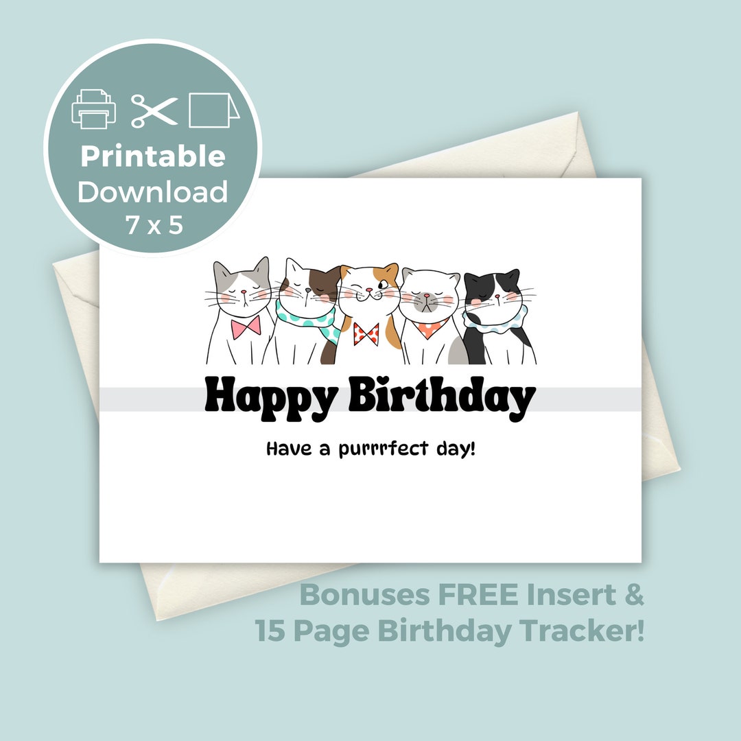 Printable Cat Birthday Card, Purrfect Birthday Greeting Card Cat Lover ...