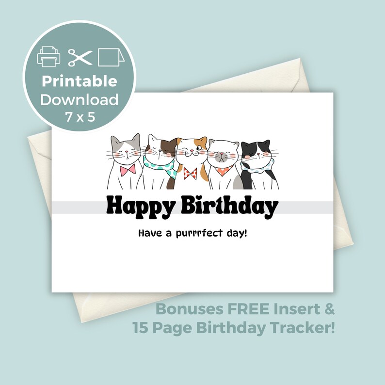 Printable Cat Birthday Card, Purrfect Birthday Greeting Card Cat Lover ...