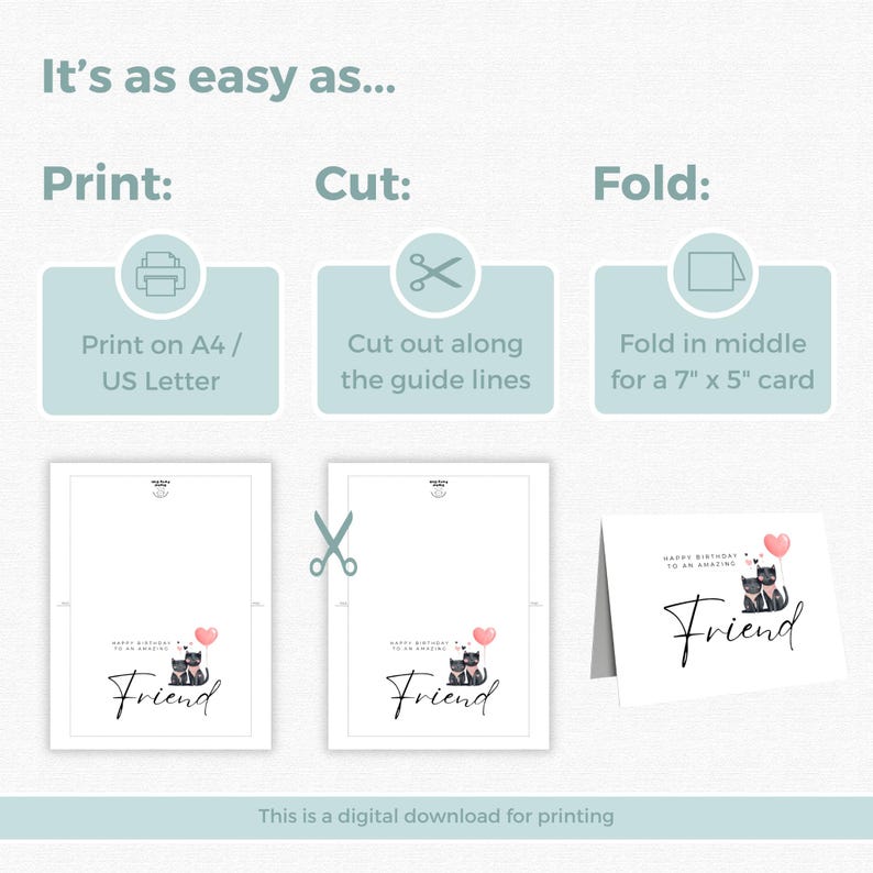 Printable Birthday Card for Friend, Cute Cat Design, Digital Download ...