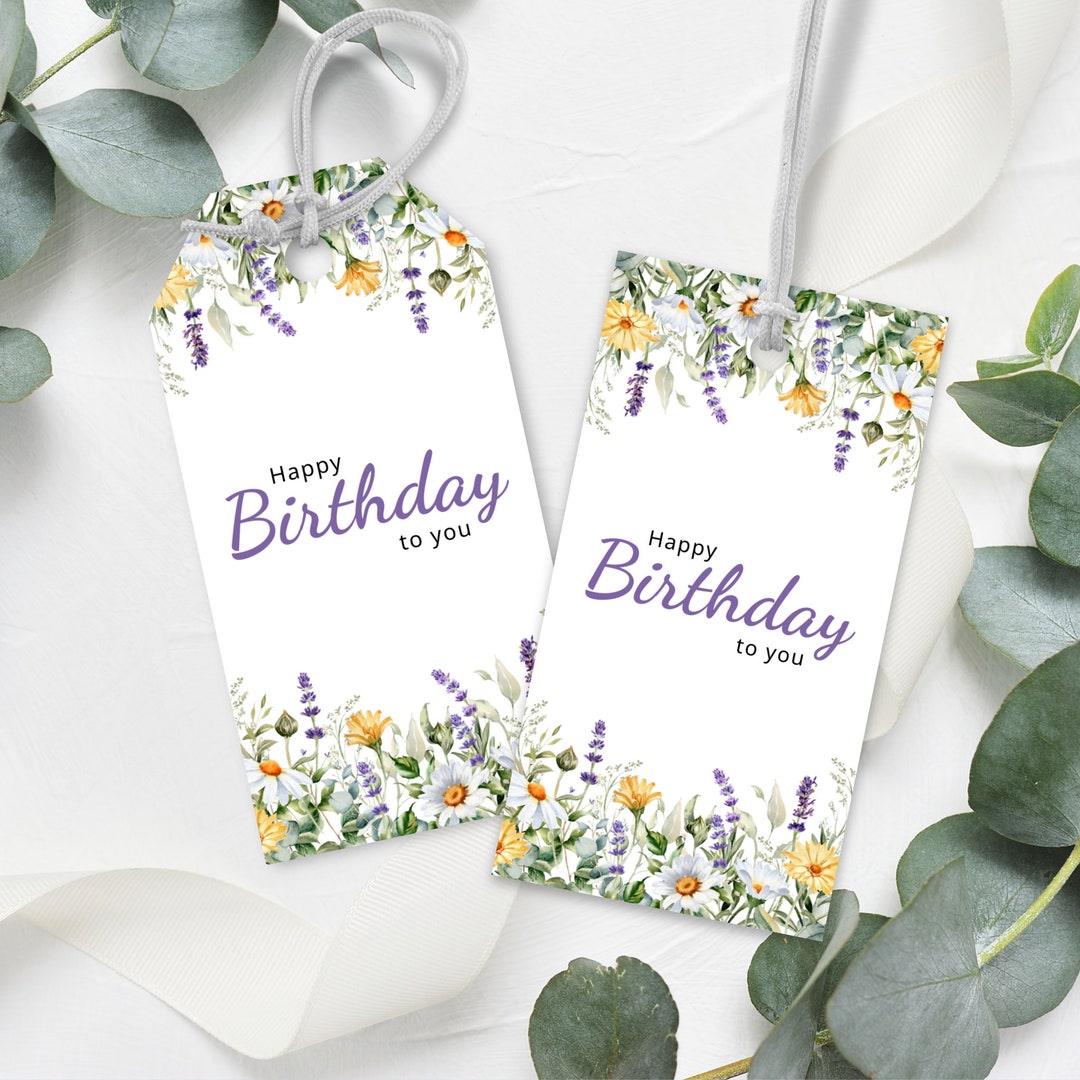 Printable Happy Birthday Gift Tag, Purple Flower Gift Tag, Print at ...