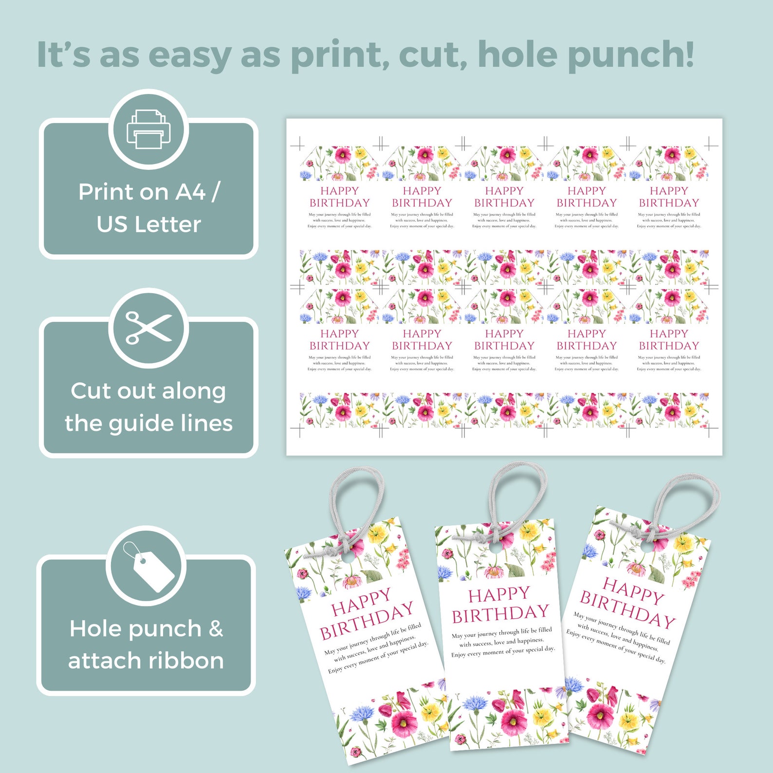 Printable Birthday Gift Tag, Pink Floral Gift Tag, Print at Home ...