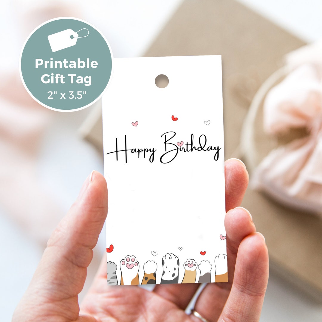 Printable Birthday Gift Tag Cute Cat Paw Design, Print at Home, Instant ...