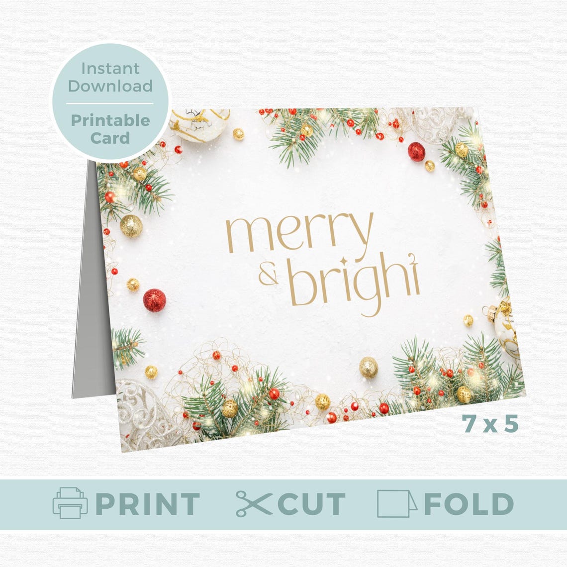 Printable Merry and Bright Christmas Card - Festive Holiday Greeting ...