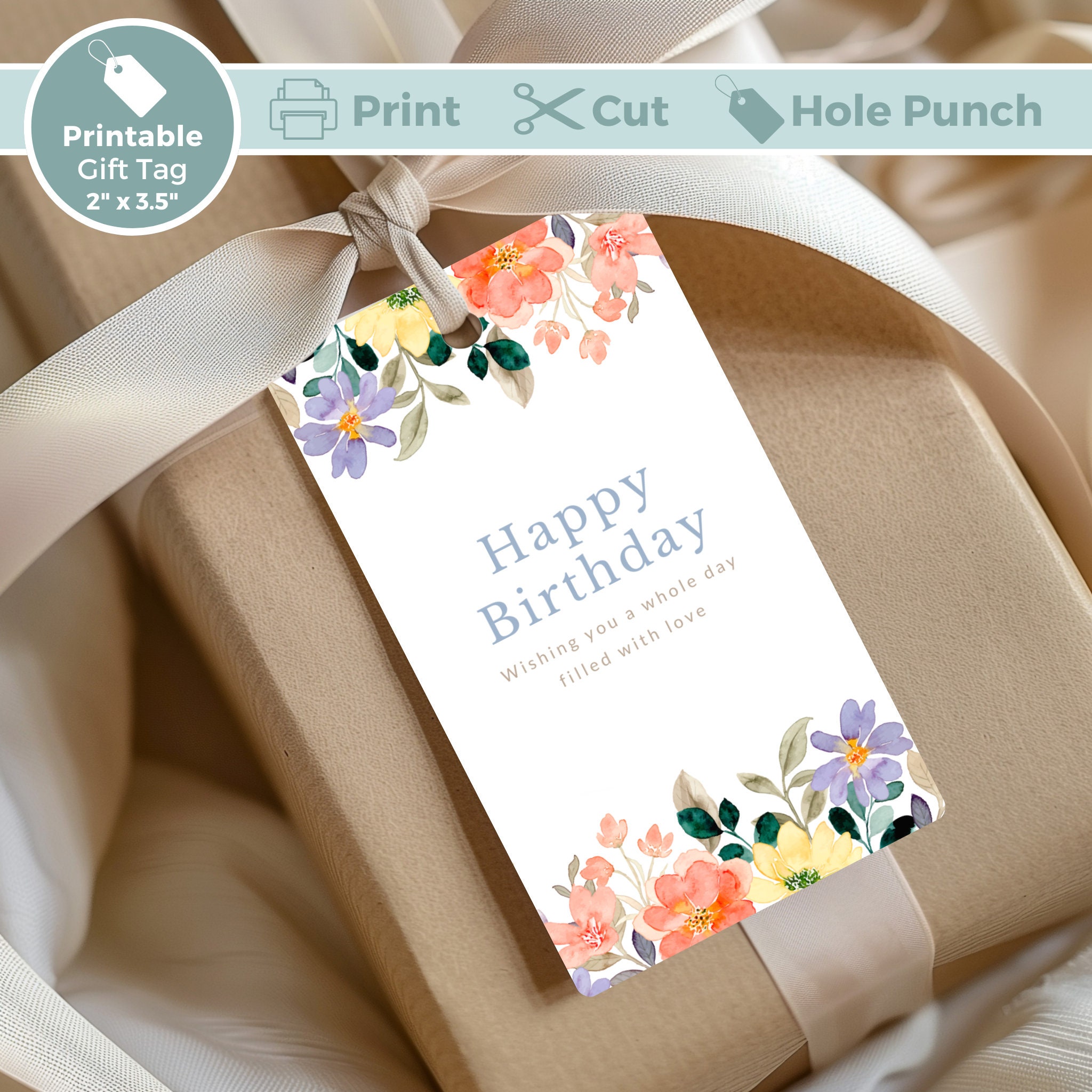 Printable Birthday Gift Tag With Floral Design, Print at Home, Instant ...