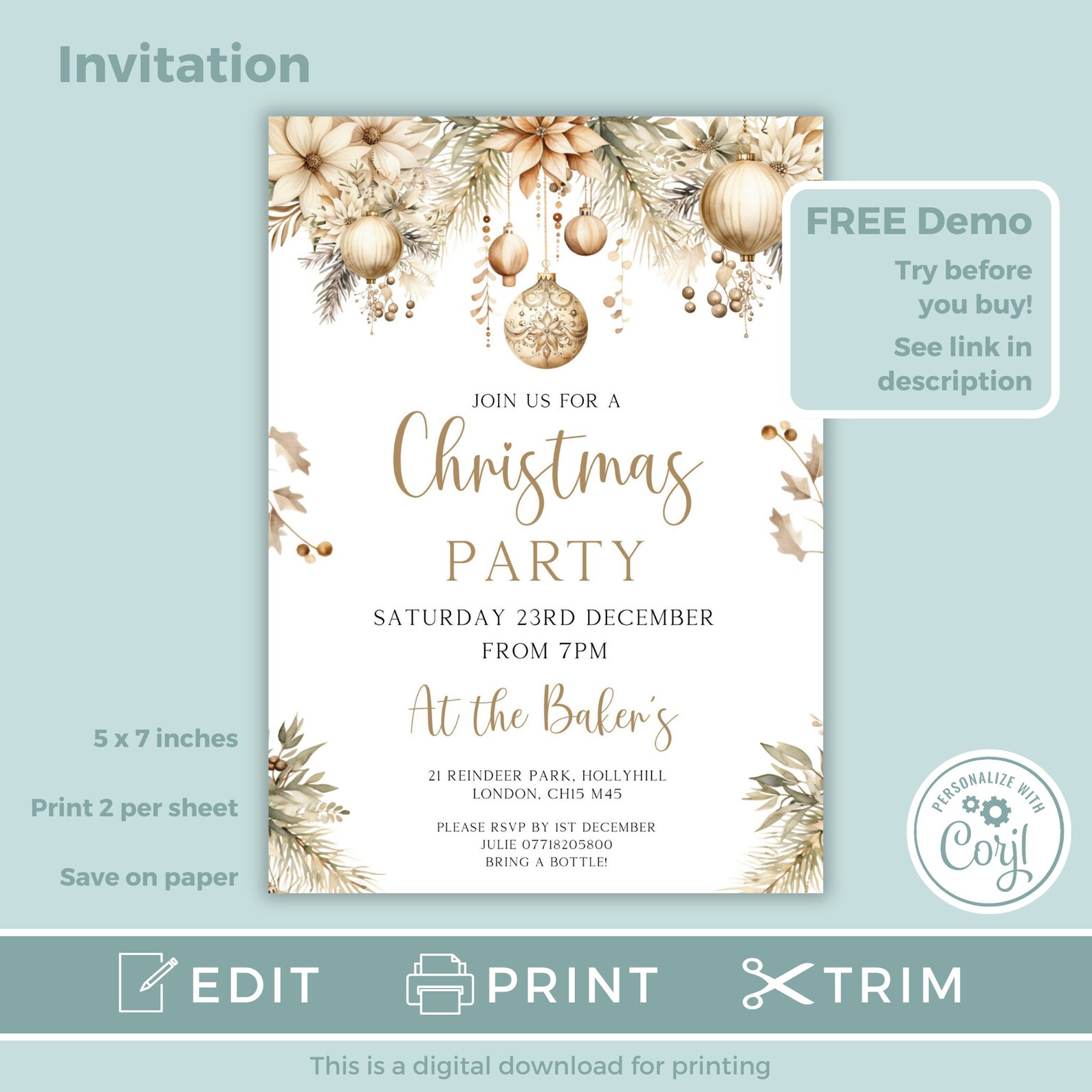 Christmas Party Invitation Editable Boho Christmas Party Invitation ...