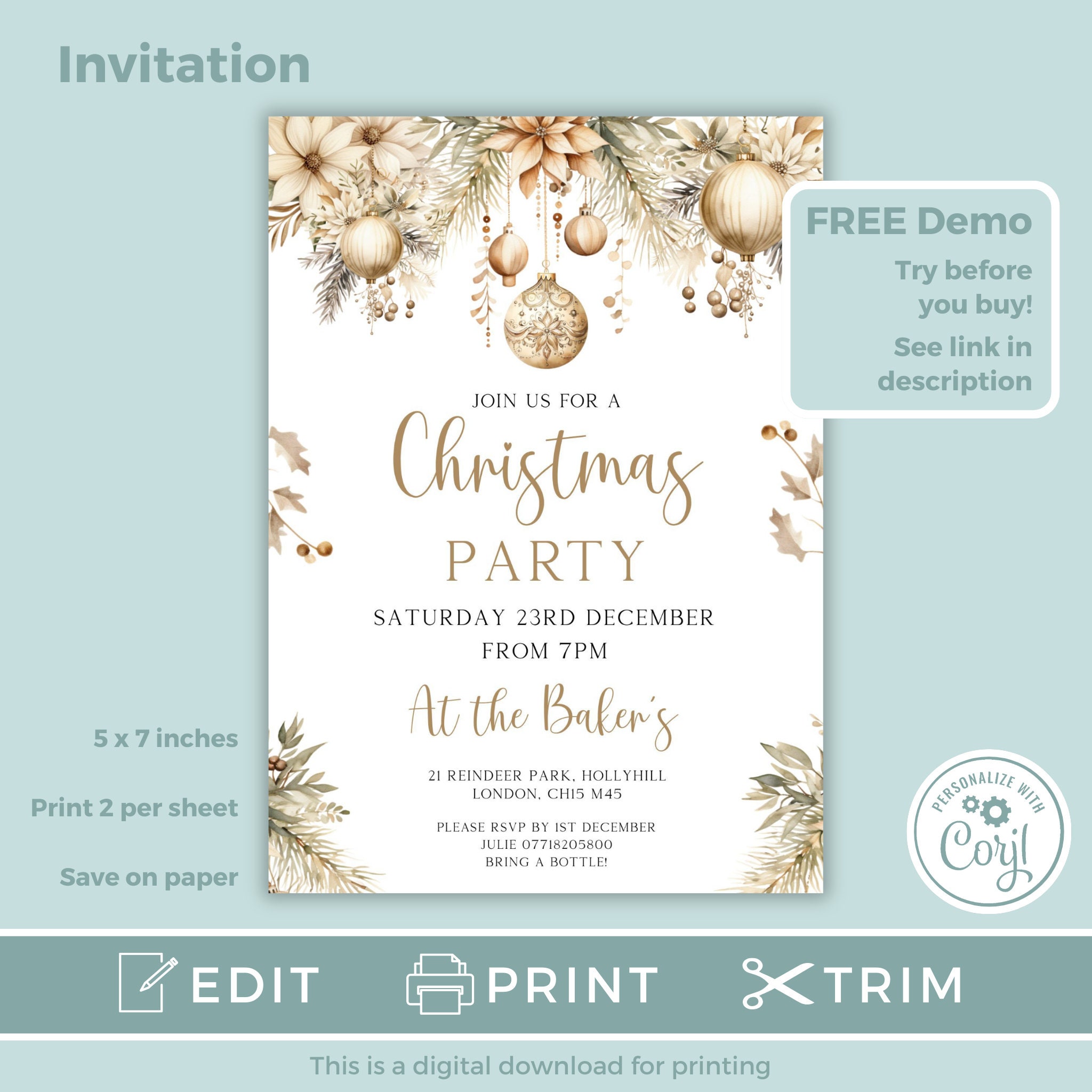 Christmas Party Invitation Editable Boho Christmas Party Invitation ...