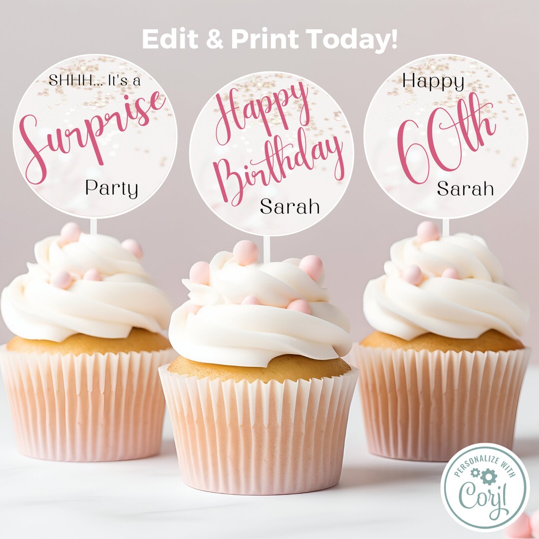 Editable Surprise Pink Birthday Cupcake Toppers Template Printable ...