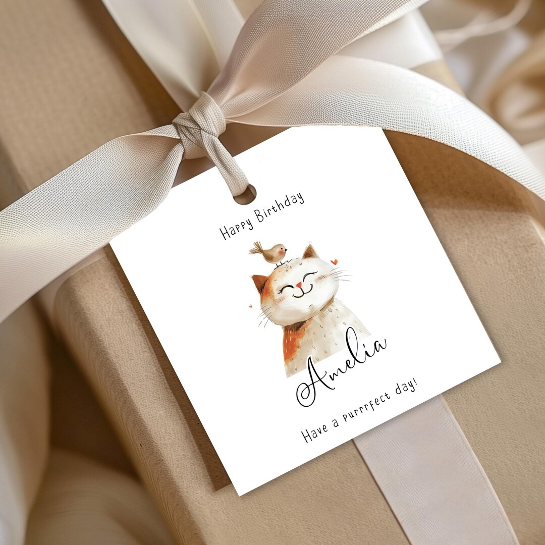 Editable Cat Birthday Gift Tag, Printable Cute Kitten Tag, Personalised ...