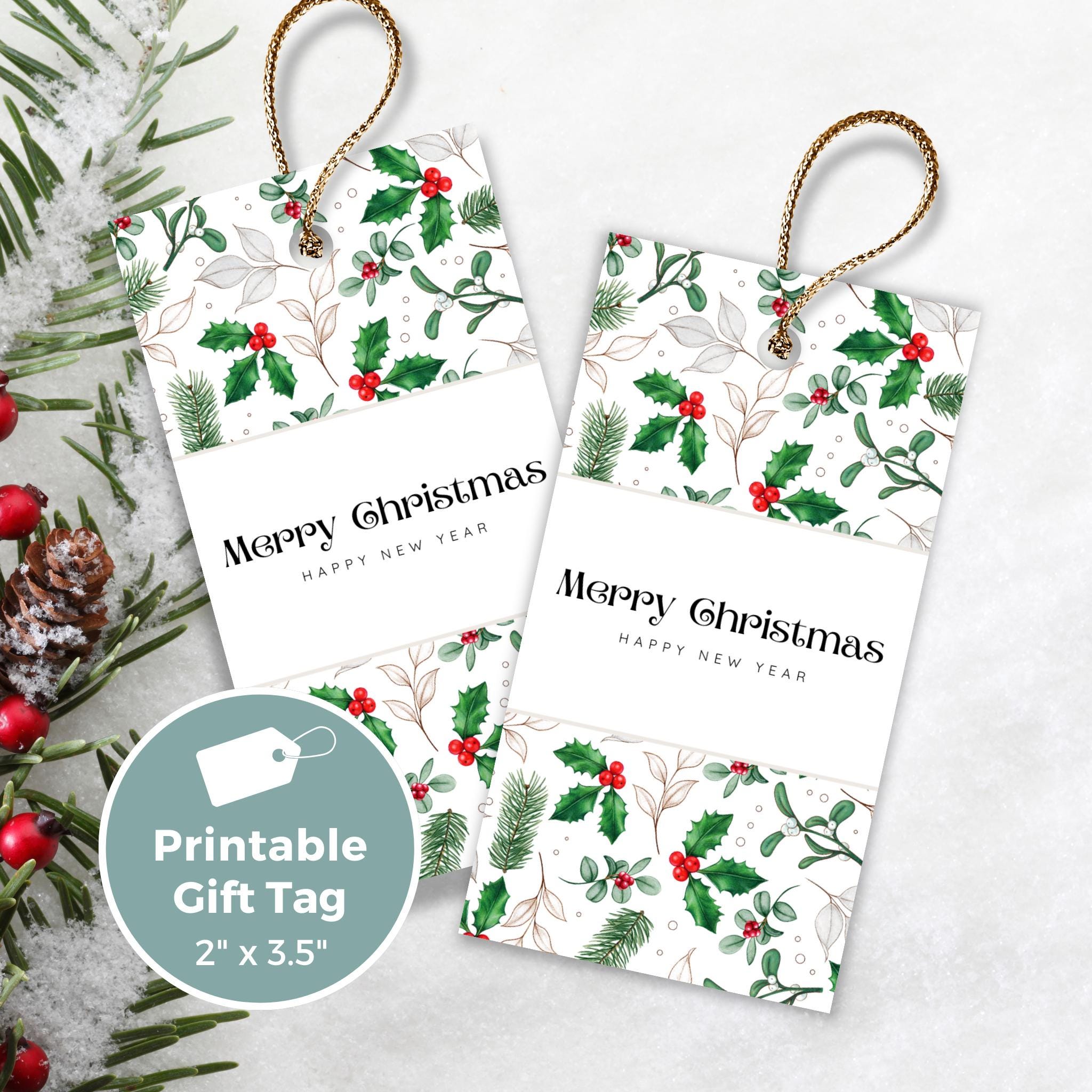 Printable Christmas Gift Tag Holly Berries and Mistletoe, Festive ...