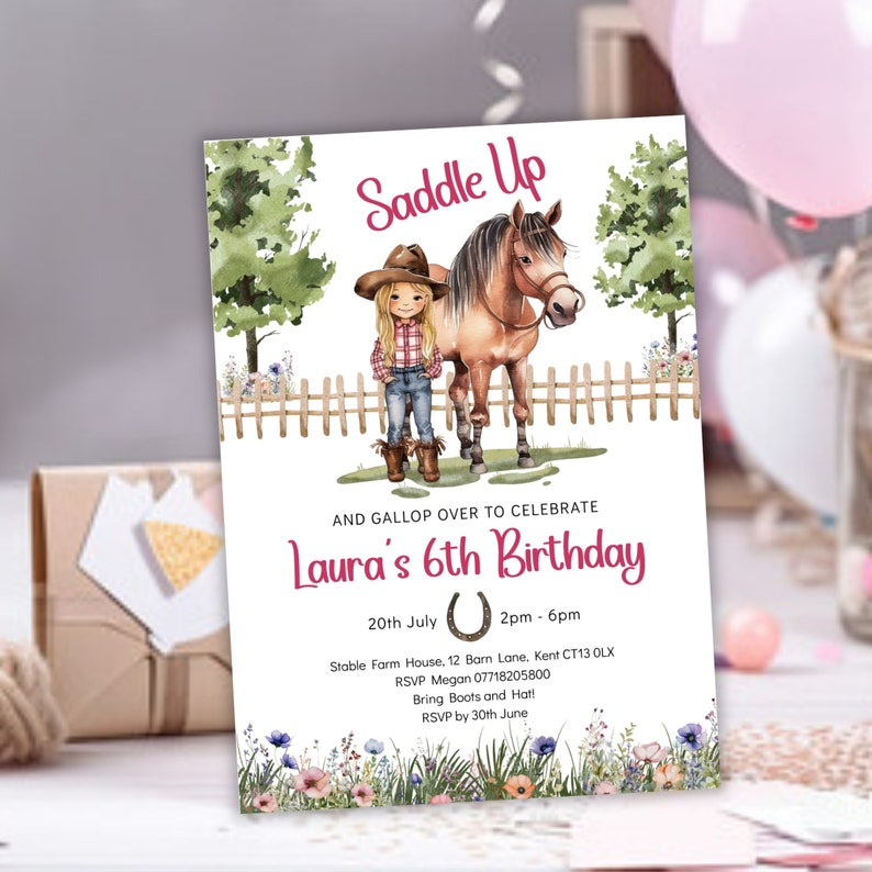 Editable Horse Birthday Invitation Template, Girl Saddle up Invite ...