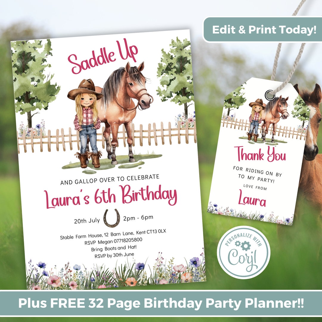 Editable Horse Birthday Invitation Template, Girl Saddle up Invite ...