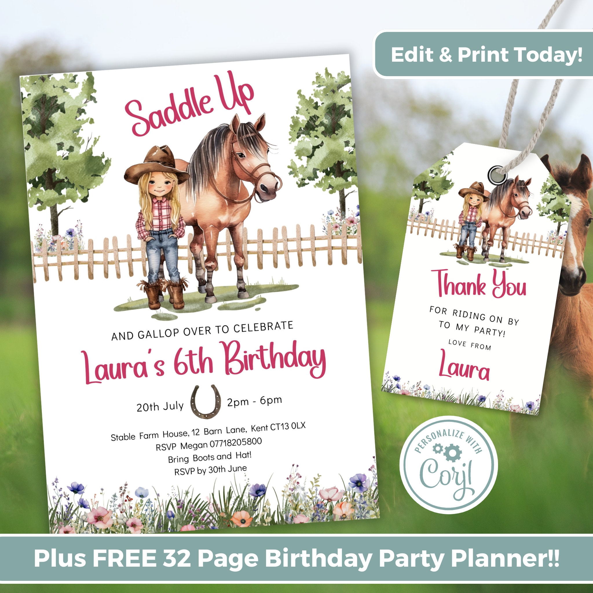 Editable Horse Birthday Invitation Template, Girl Saddle up Invite ...