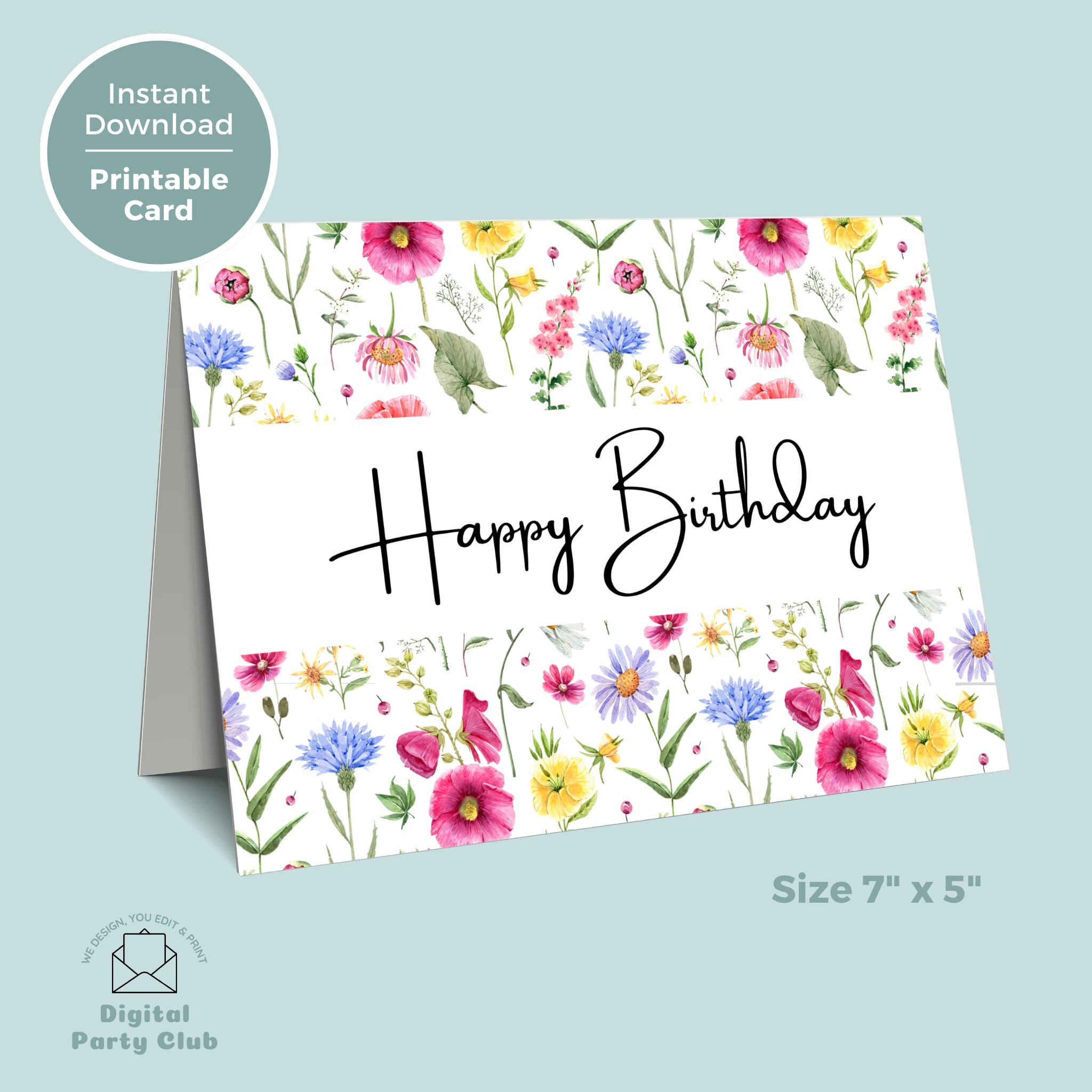 Set of 4 Printable Birthday Cards, Birthday Card Bundle Flowers ...