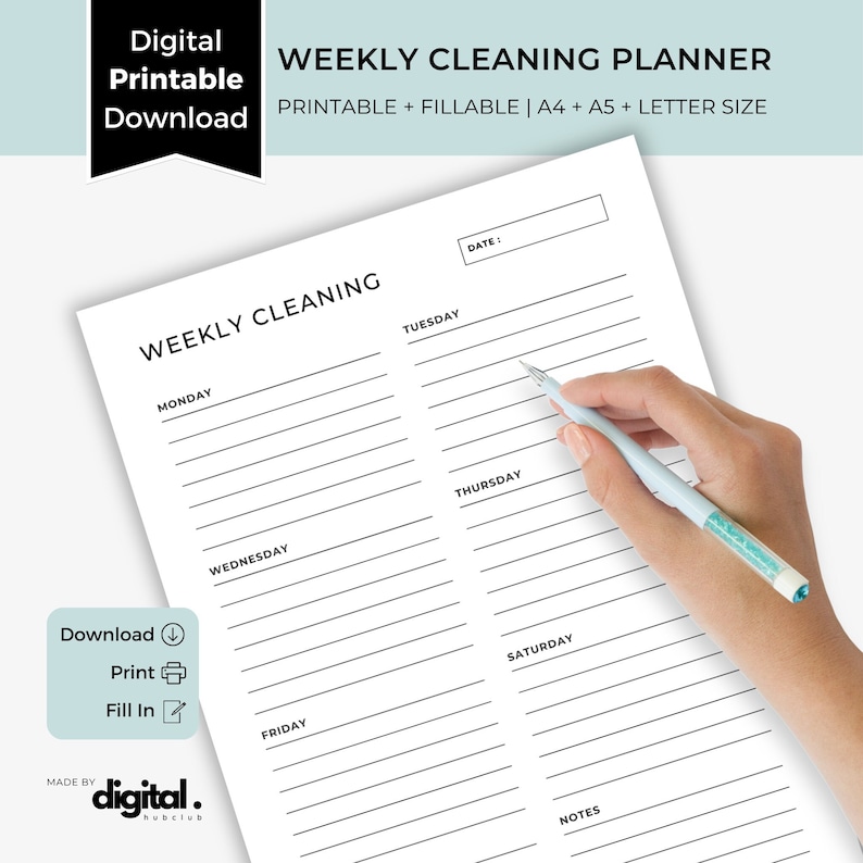 Weekly Cleaning Planner Printable, House Chores, Cleaning Schedule ...