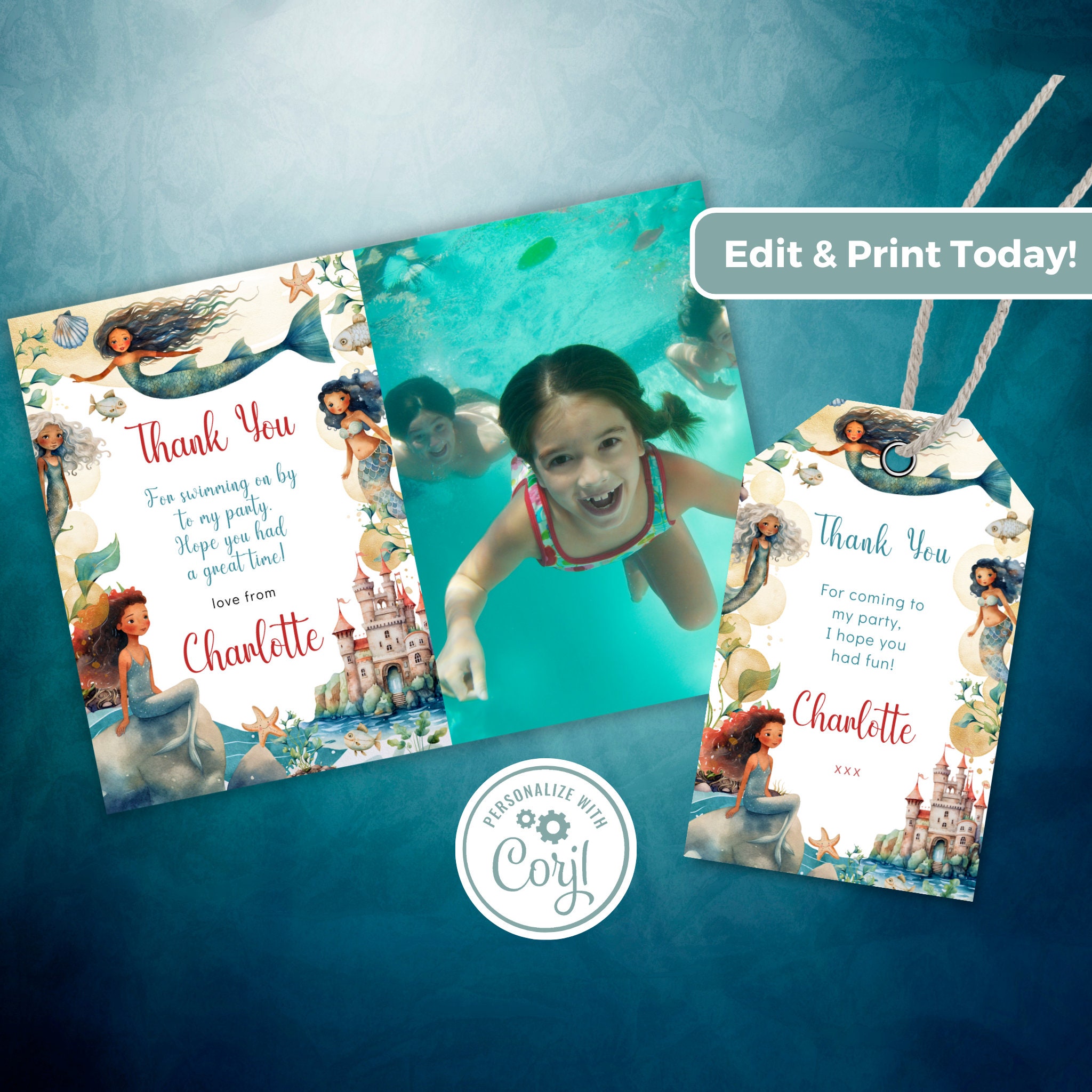 Editable Mermaid Thank You Card, Swimming Party Thank You Tag, Editable ...